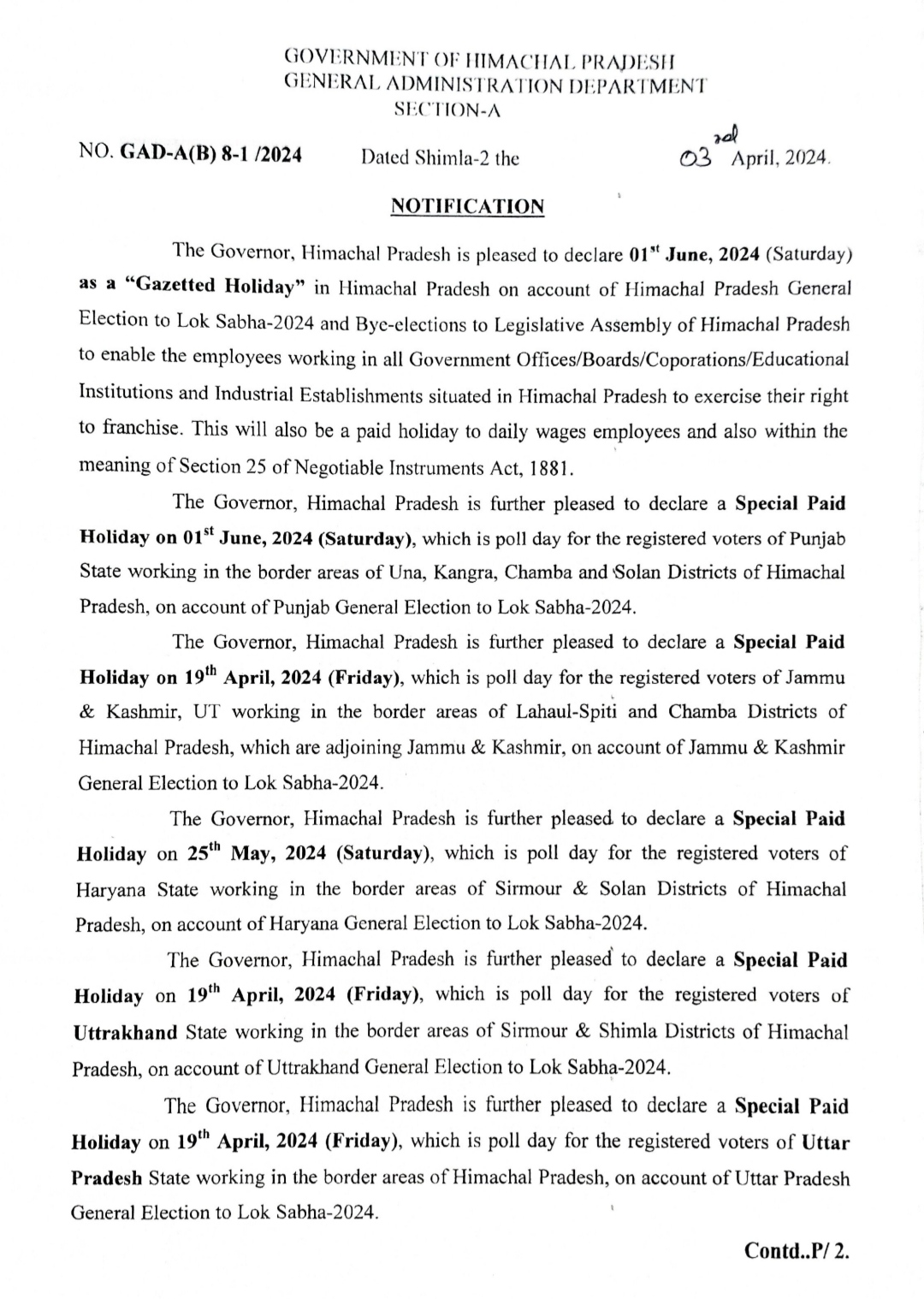 हिमाचल में पहली जून को चुनाव के दिन रहेगी छुट्टी, अन्य छुट्टियों की ...